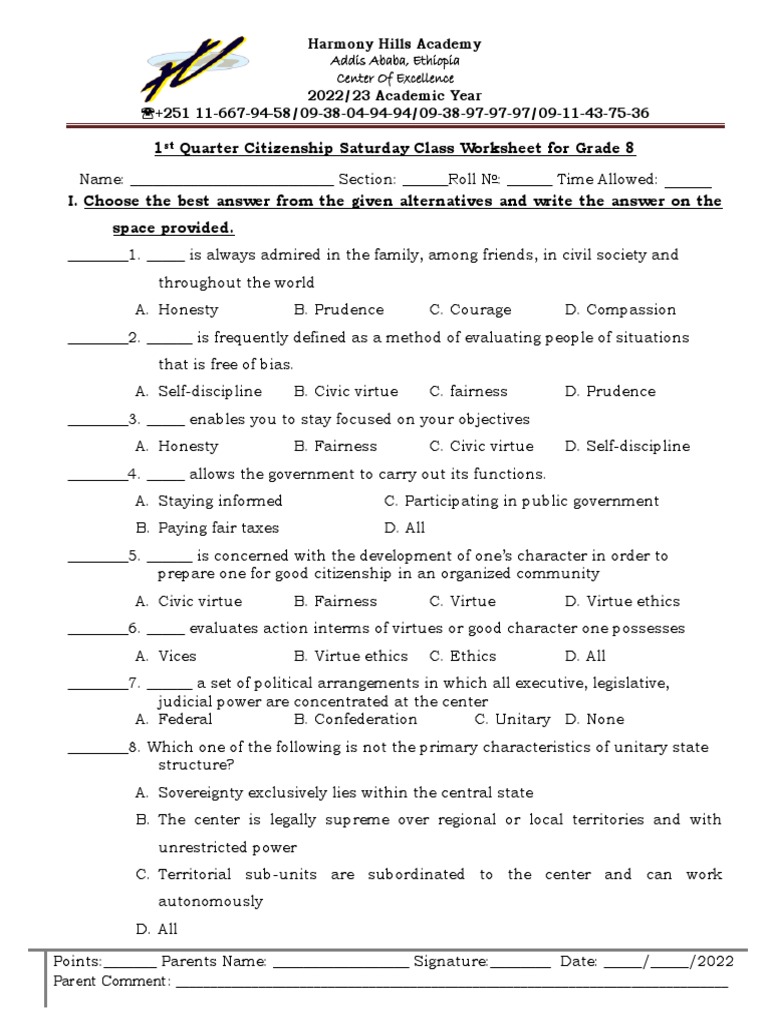 Grade 8 Citizenship Class Worksheet | PDF | Impeachment | Government