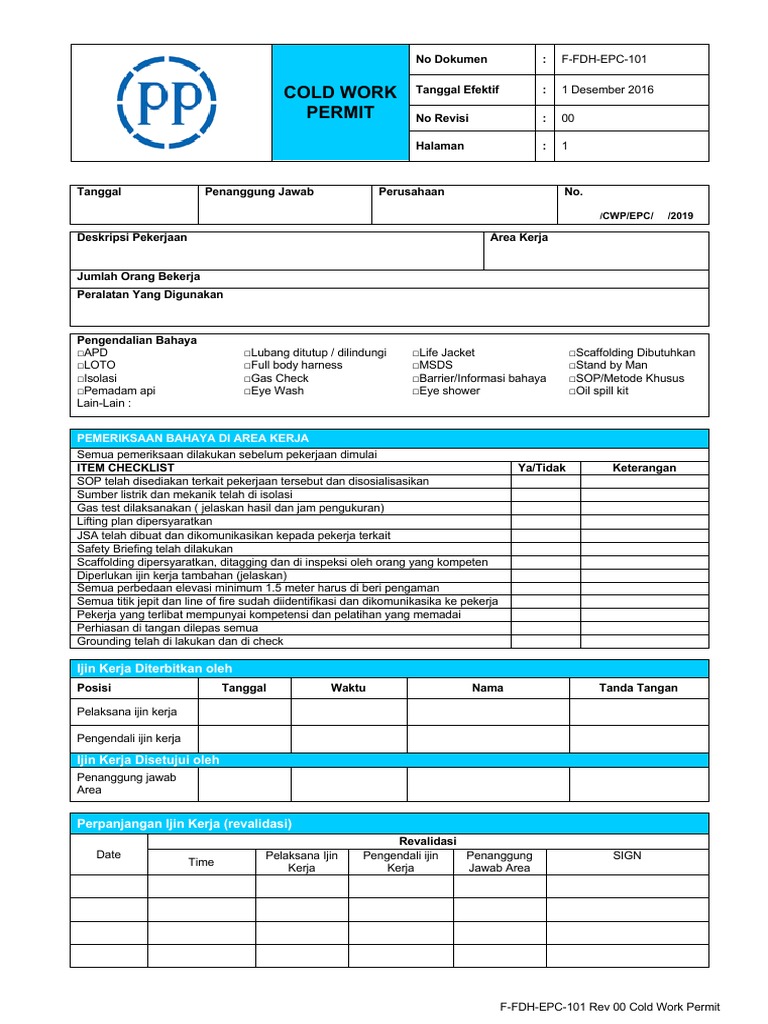 F-FDH-HSE-101-0 Form Cold Work Permit | PDF