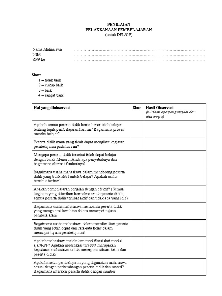 Lampiran 11 - Contoh Panduan Penilaian Pelaksanaan Pembelajaran Oleh DPL Dan GP | PDF