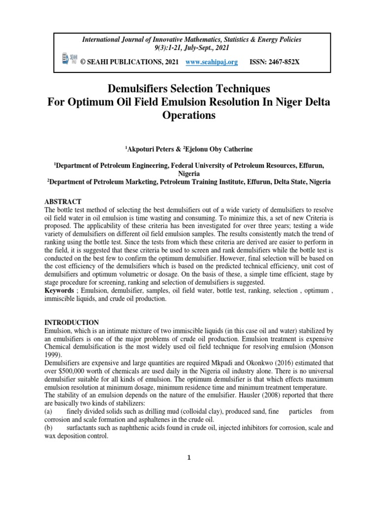 Demulsifiers Selection Techniques | PDF | Emulsion | Capacitance