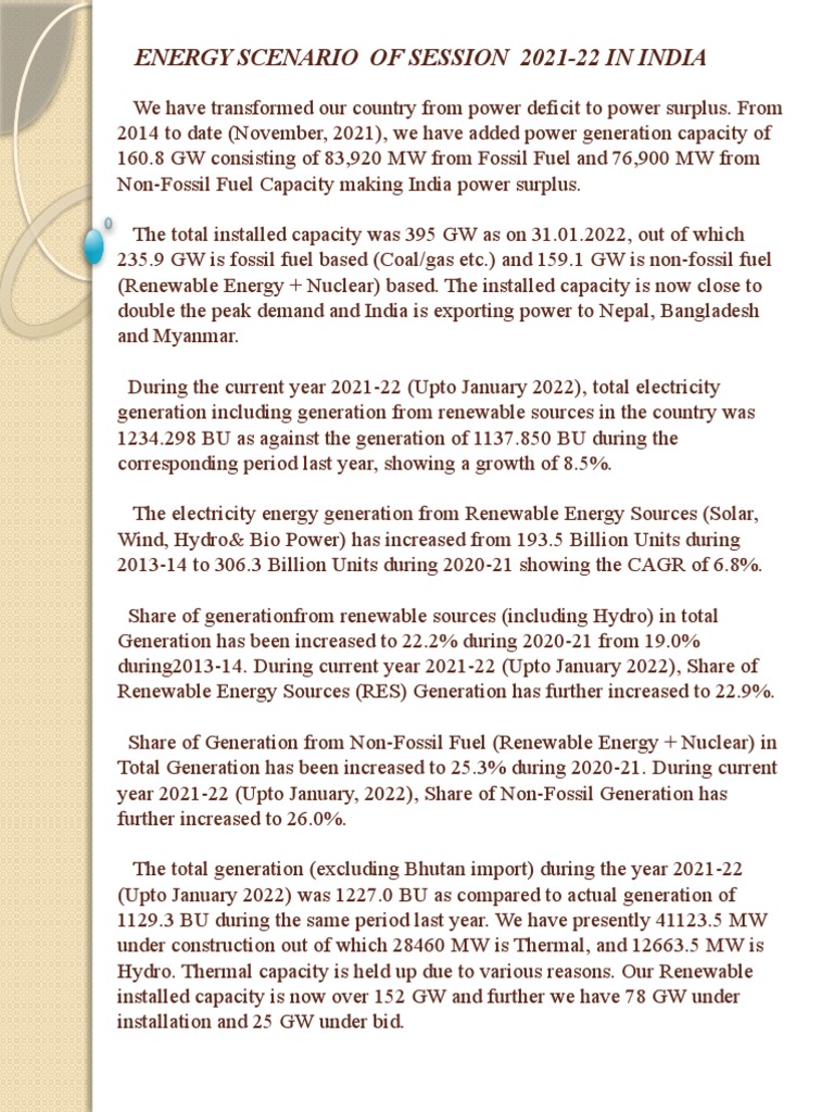 Current Energy Scenario in India 2021-22 | PDF | Electricity Generation ...