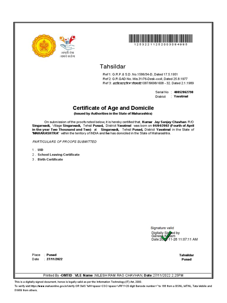 Tahsildar: Certificate of Age and Domicile | PDF | Authentication ...