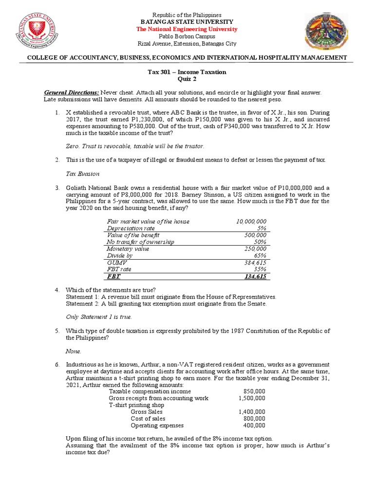 Quiz 2 - With Answers | PDF | Taxes | Income Tax