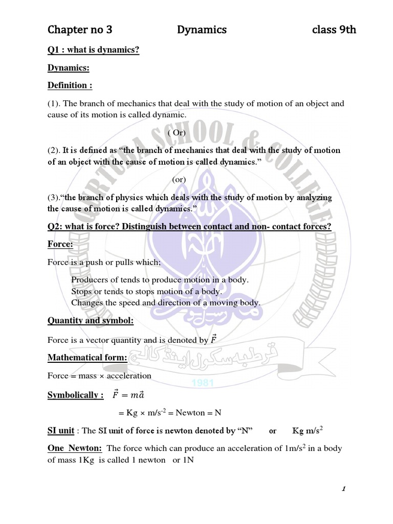 Chapter No 3 Dynamics Class 9th | PDF | Friction | Force
