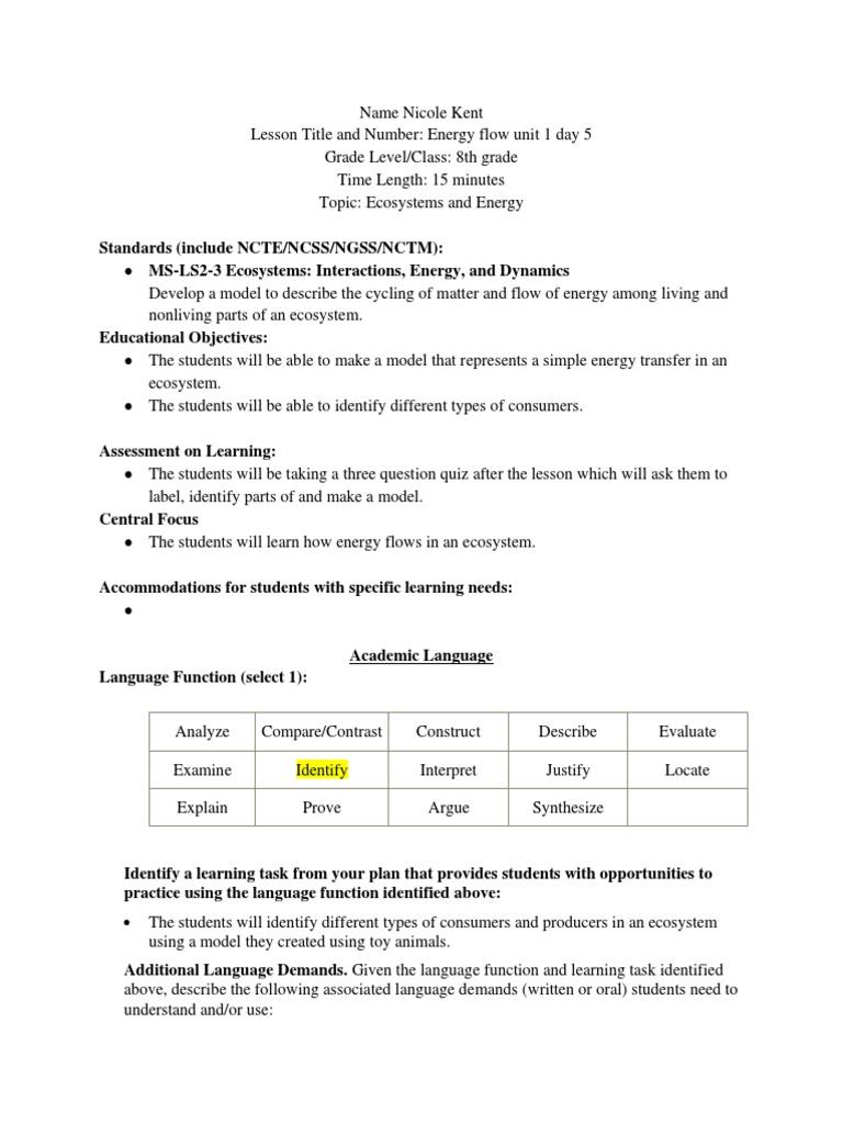 Lesson Plan - Energy Flow | PDF | Ecosystem | Learning