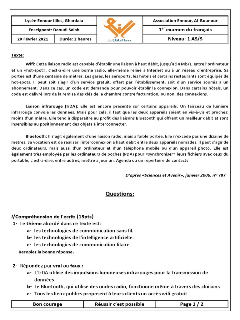 Dzexams 1as Francais 208840 | PDF