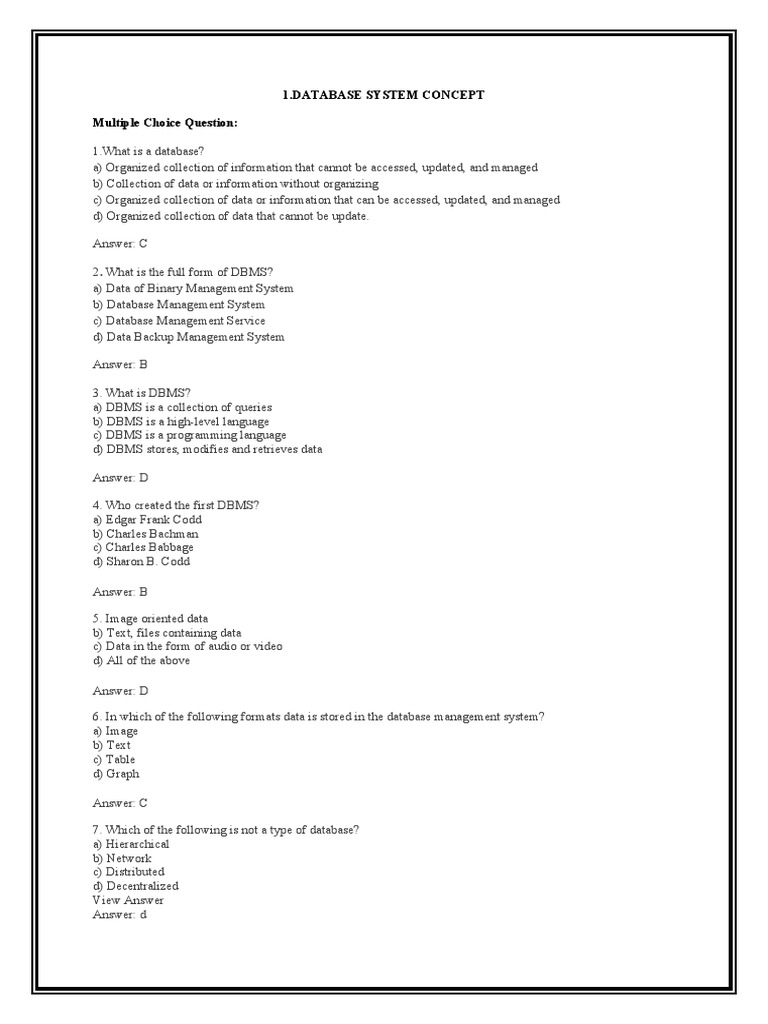 1database System Concept Multiple Choice Question Pdf Relational 8283