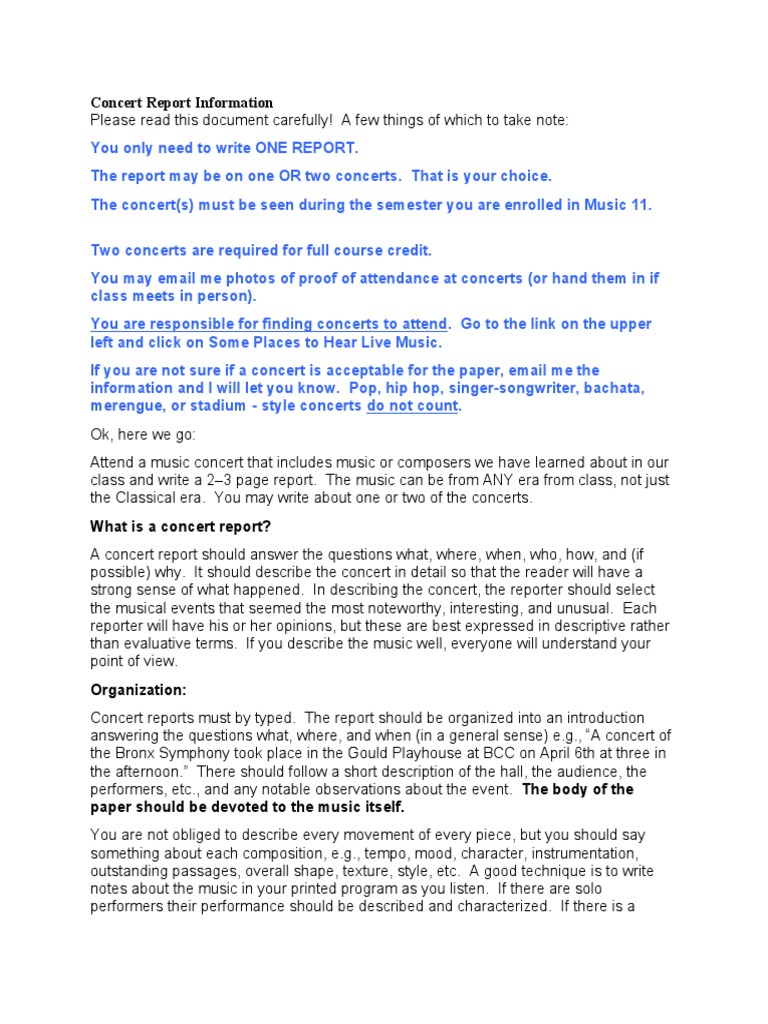 Concert Report Guidelines for Music 11 | PDF | Tempo | Orchestras
