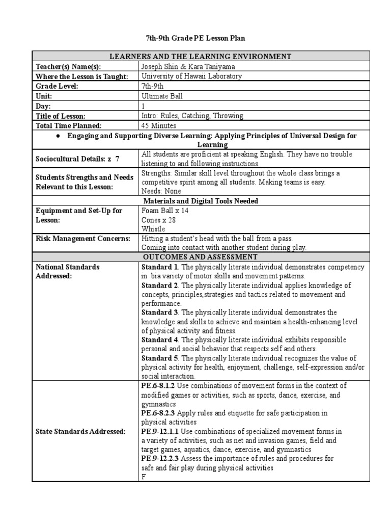 Ultimate Ball Lesson Plan for Grades 7-9 | PDF | Differentiated ...