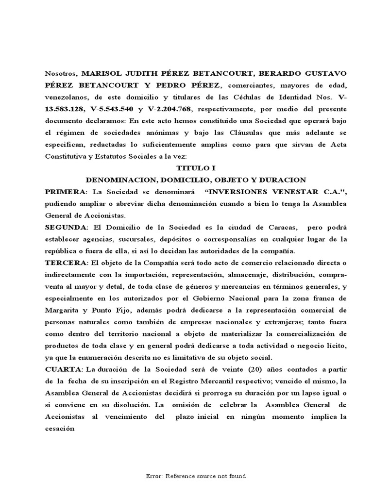 Acta Constitutiva de Compañía Anónima MARISOL PEREZ | PDF | Dividendo ...