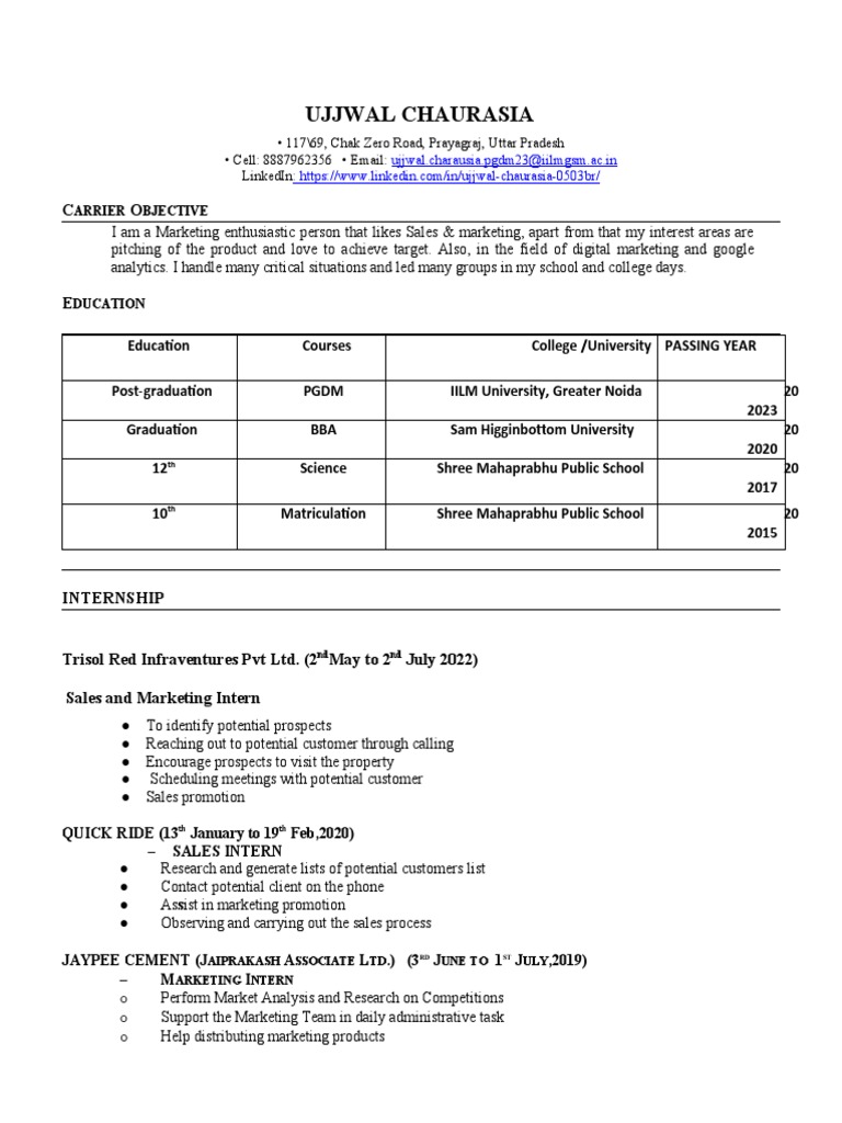 UJJWAL CHAURASIA - Resume (2 | PDF | Sales | Marketing