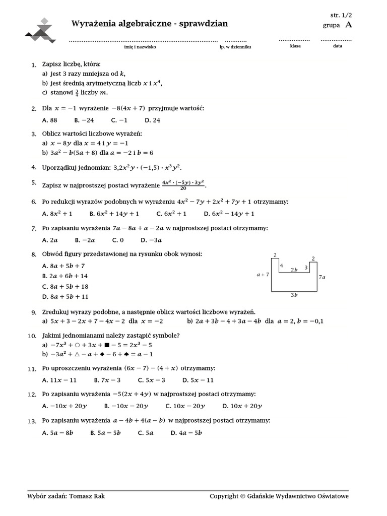 Wyrażenia Algebraiczne - Sprawdzian A: Imię I Nazwisko Lp. W Dzienniku Klasa Data | PDF