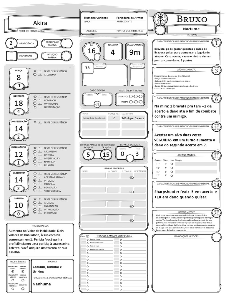 DND 5e - Ficha - Bruxo - Editável | PDF