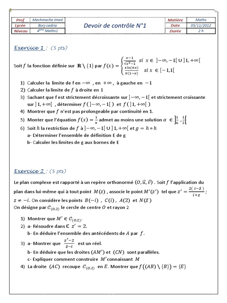 Controle 1 - Bac Math | PDF | Fonction (Mathématiques) | Analyse ...
