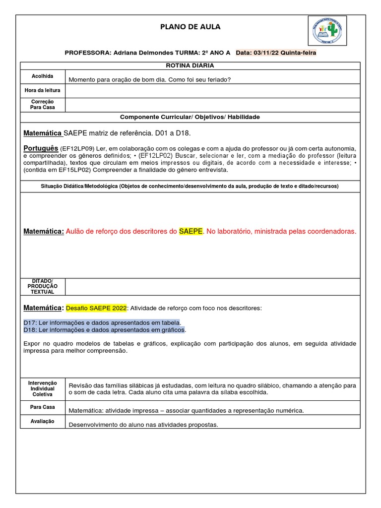 Plano de Aula Diário | PDF