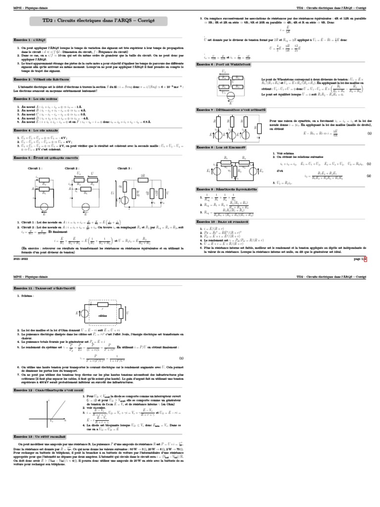 Td2 Elec ARQS Corr | PDF | Résistance (électricité) | Tension électrique