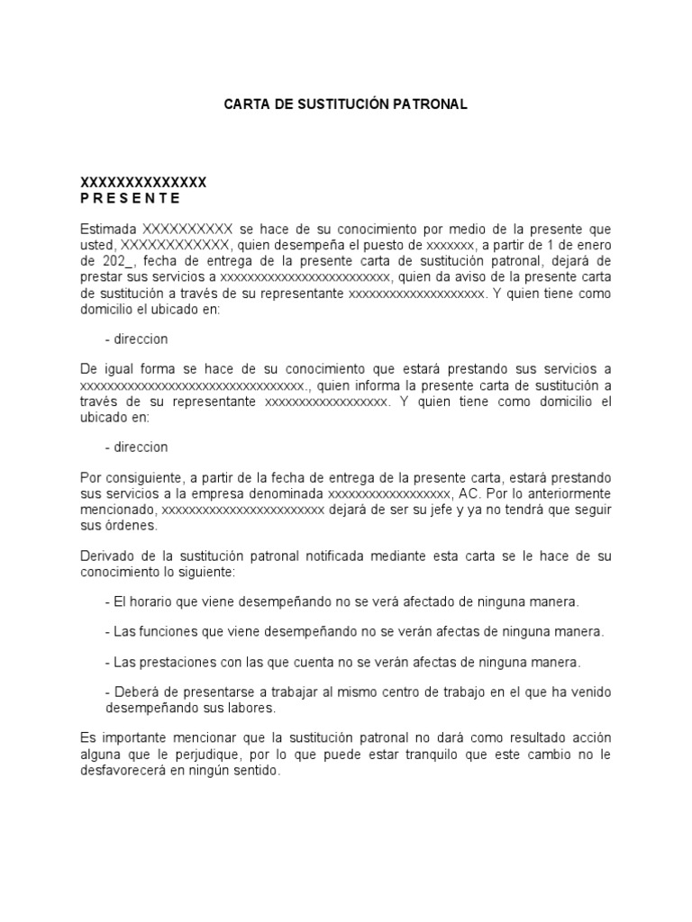 Carta de sustitución patronal que notifica el cambio de empleador de un ... Carta de sustitución patronal que notifica el cambio de empleador de un ...