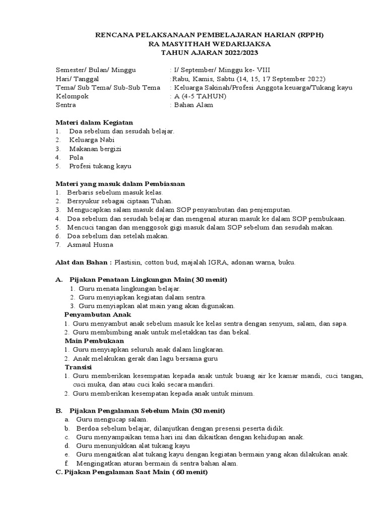 RPPH SENTRA BAHAN ALAM TP 22-23 Profesi Tukang Kayu Keluarga Sakinah | PDF