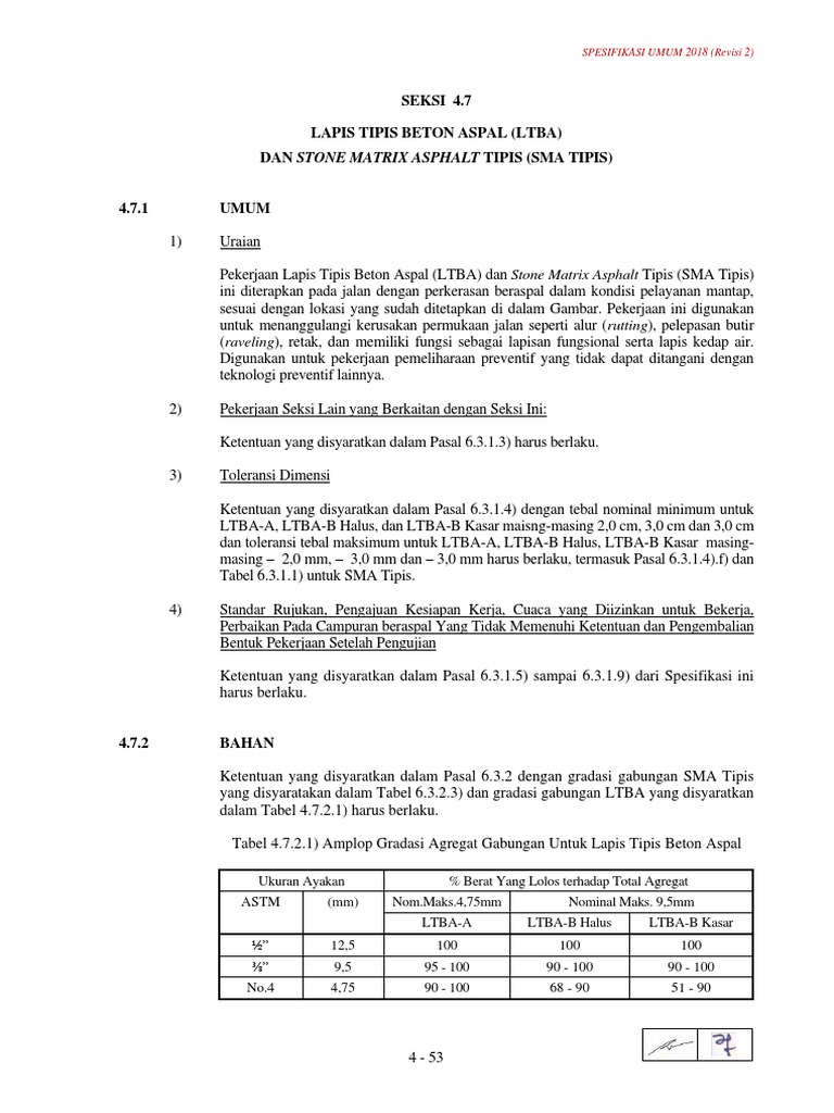 Spek 2018 - Rev 2 - Div 4.7 - Lapis Tipis Beton Aspal (LTBA) Dan SMA Tipis | PDF