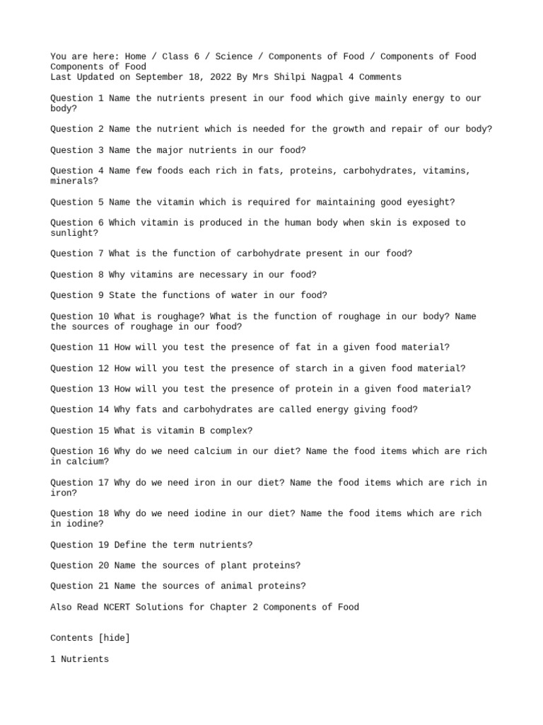 Components Food | PDF | Foods | Nutrients