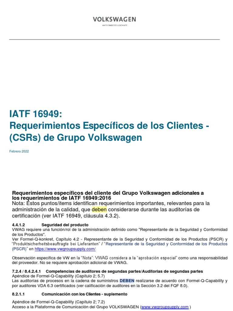 Requisitos VW para IATF 16949:2016 | PDF | Software | Calidad (comercial)