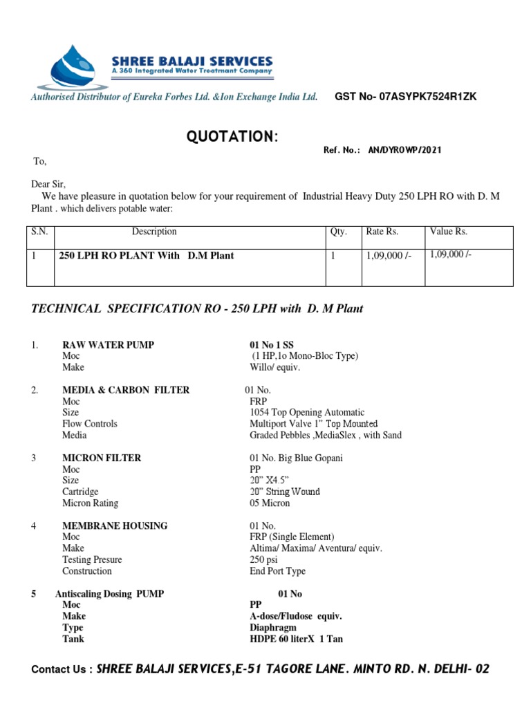 250 LPH RO Plant Quotation Details | PDF | Pump | Chemical Engineering