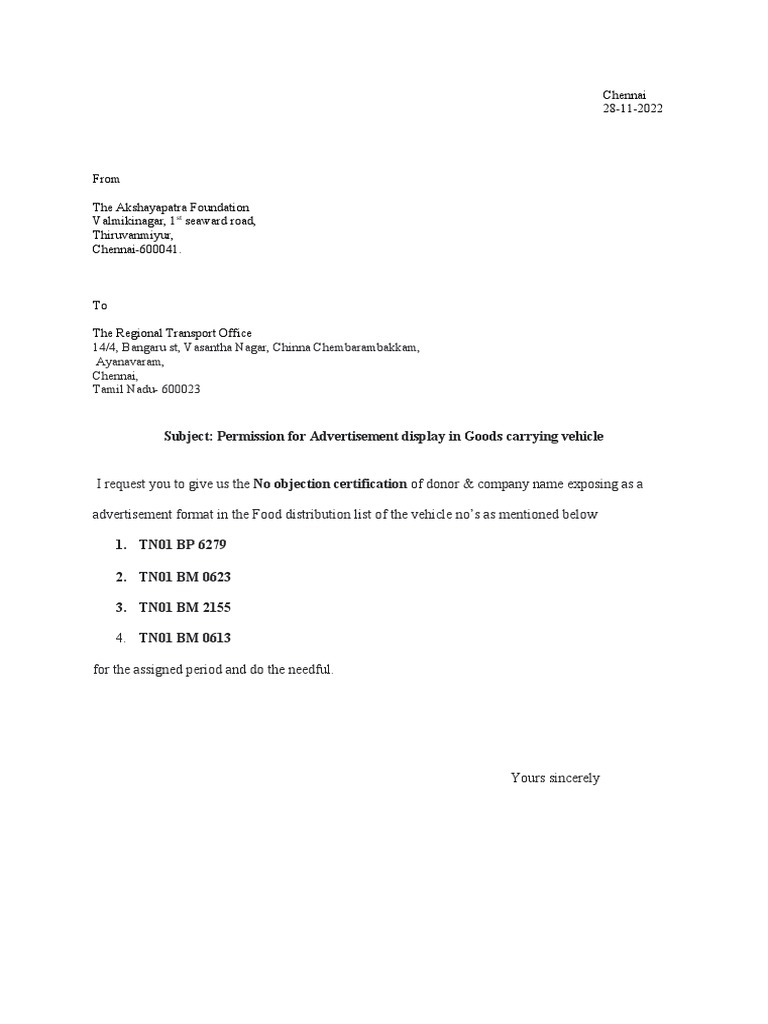 RTO Permission Letter (Advertisement) For Aynavaram 28-11-2022 | PDF