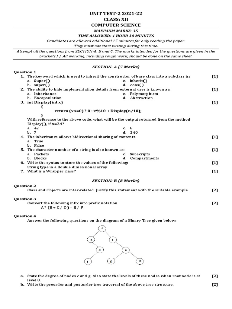 UNIT TEST-2 2021-22 Class: Xii Computer Science: SECTION: A (7 Marks ... UNIT TEST-2 2021-22 Class: Xii Computer Science: SECTION: A (7 Marks ...