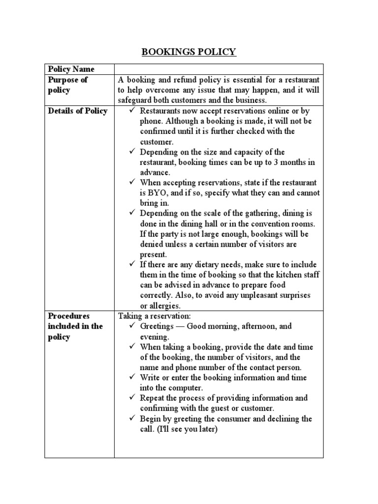 Bookings Policy | PDF | Restaurants | Business