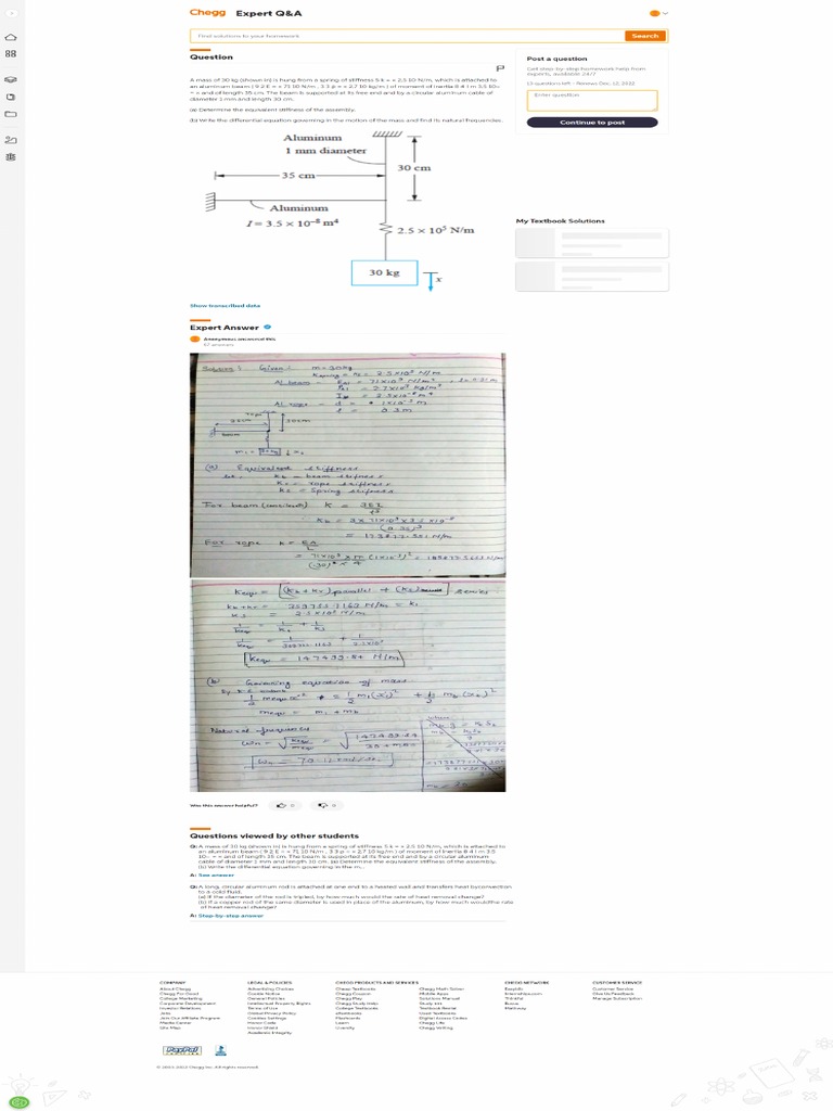 Screencapture Chegg Homework Help Questions and Answers Mass 30 KG ... Screencapture Chegg Homework Help Questions and Answers Mass 30 KG ...