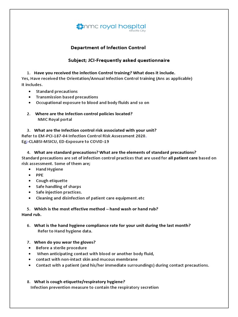 JCI QUESTIONNAIRE-PCI Dept. | PDF | Infection | Medicine