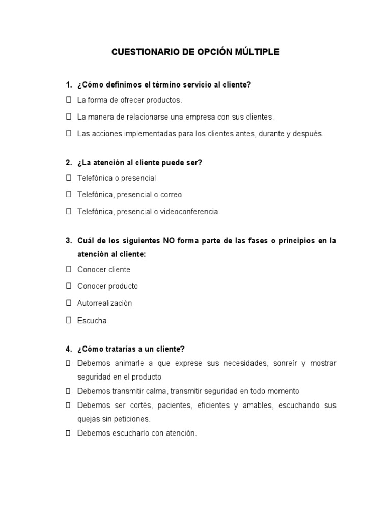Cuestionario de Opción Múltiple | PDF | Calidad (comercial) | Cliente