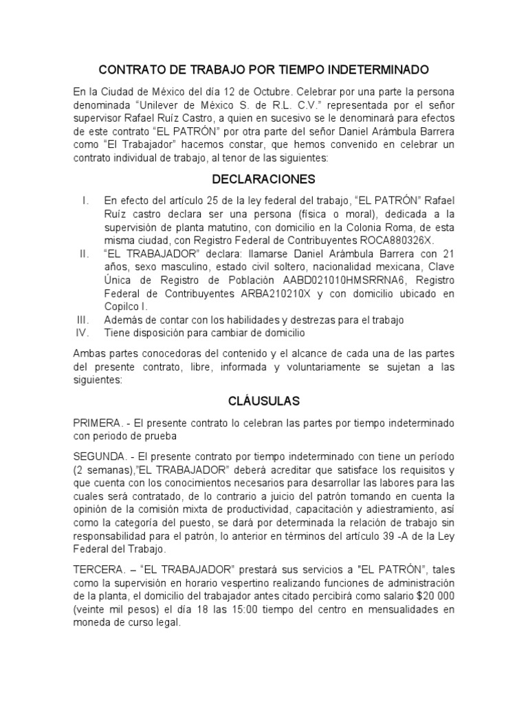 Contrato de Trabajo Por Tiempo Indeterminado | PDF | Salario | Economias