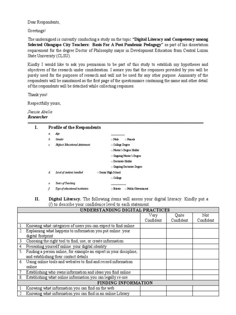 Digital Literacy and Competency Questionnaire (Tools) | PDF | Learning | Educational Technology