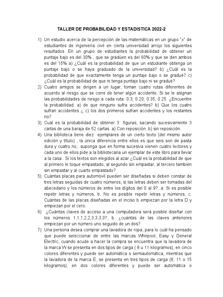 Taller Final de Probabilidad y Estadistica 2022-2 | PDF | Probabilidad