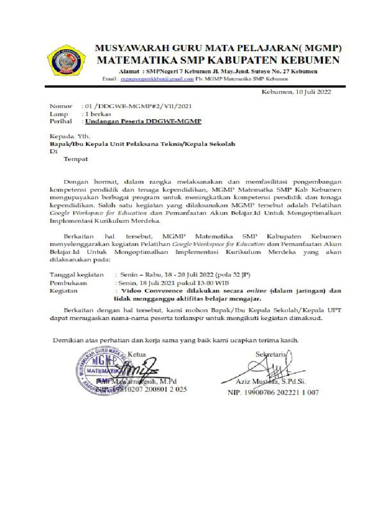 Surat Undangan MPMP MTK KEBUMEN - DDGWE 2022 | PDF
