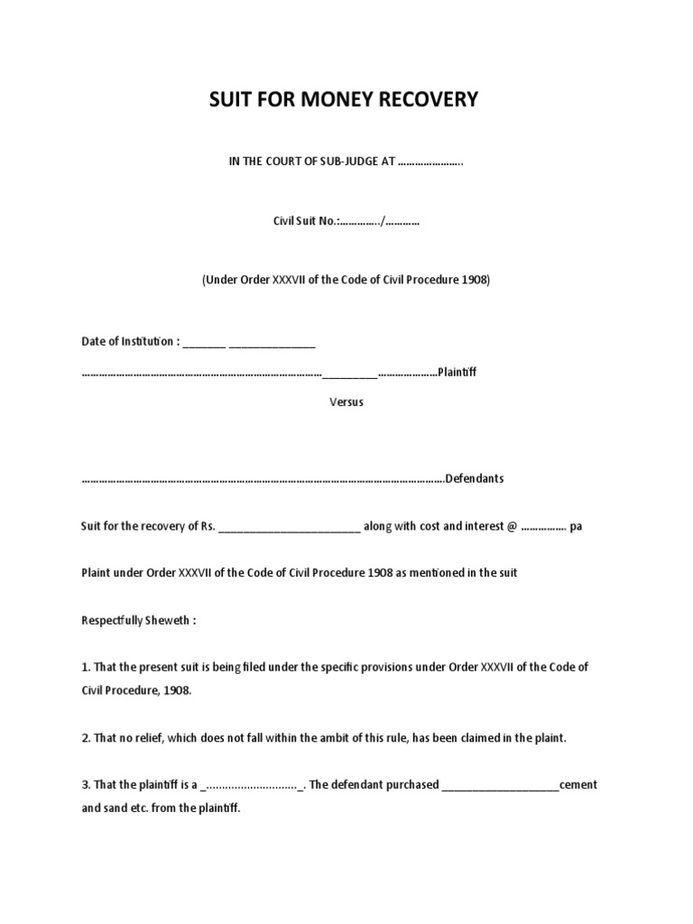Suit For Money Recovery | PDF | Lawsuit | Cheque