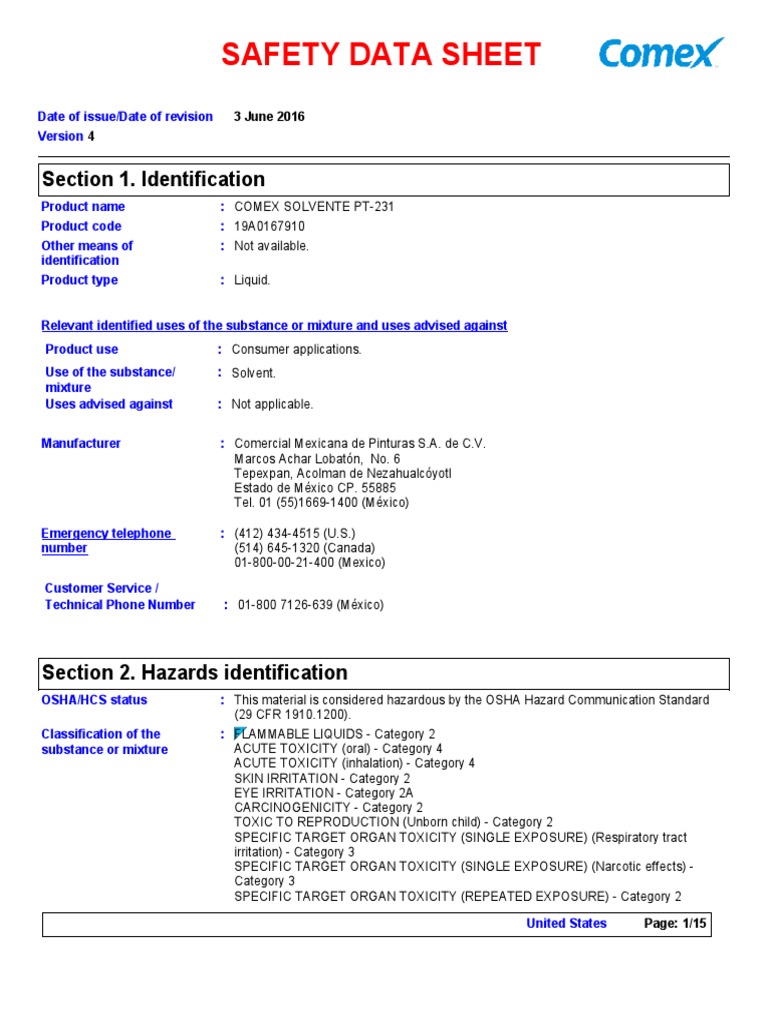 Comex Solvente PT-231 | PDF | Toxicity | Personal Protective Equipment