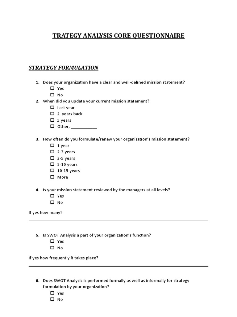 Strategic Management Questionnaire | PDF | Strategic Management | Swot ...