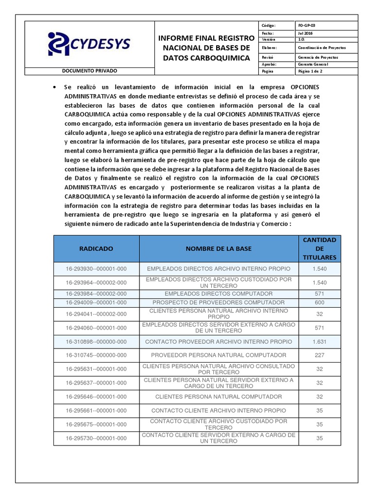 Informe Registro Bases de Datos Carboquímica | PDF | Software ...