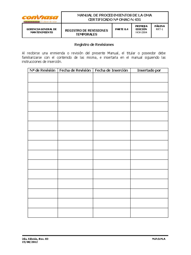 Registro de Revisiones del Manual OMA | PDF