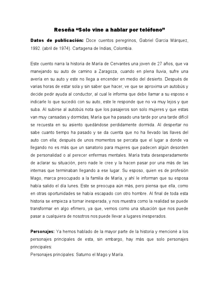 Reseña "Solo Vine A Hablar Por Teléfono" | PDF | Gabriel García Márquez ...