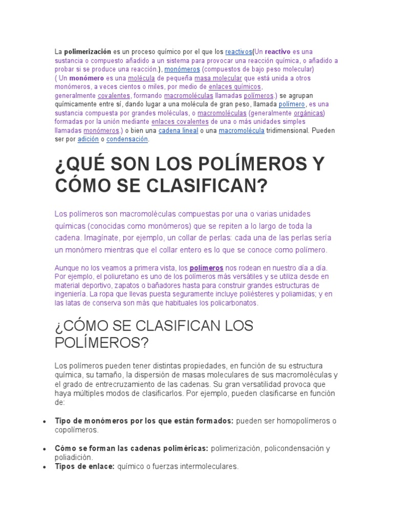 Clasificación y procesos de polímeros | PDF | Polímeros | Macromoléculas