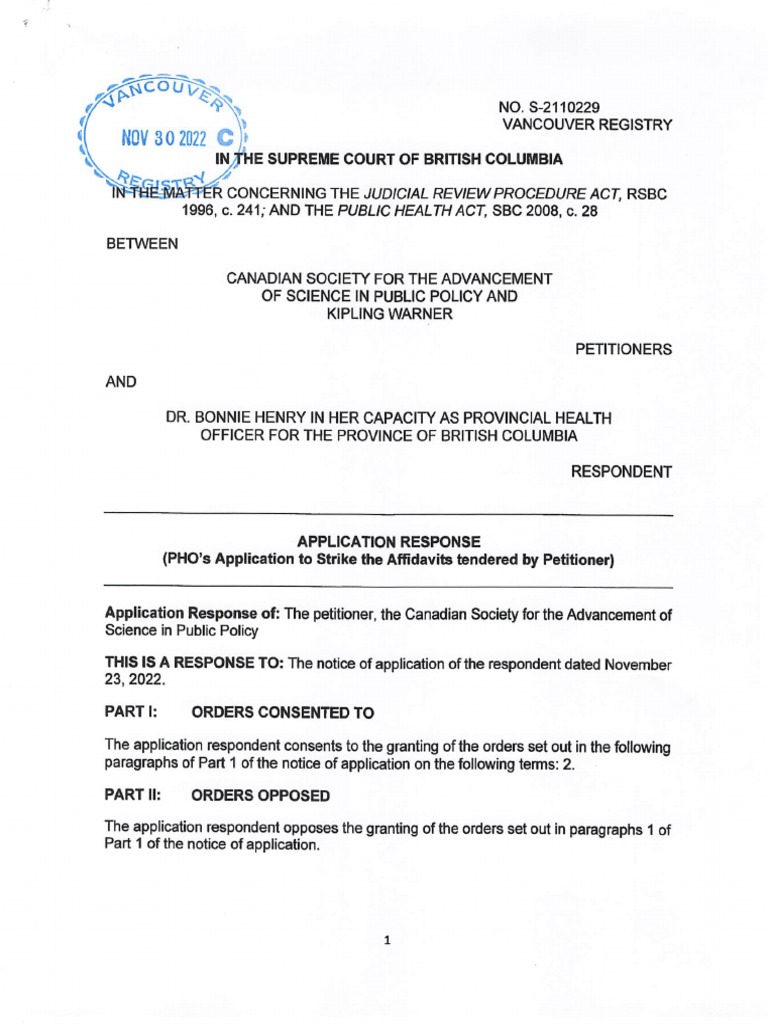 2022-11-30 - Petitioner's Application Response To PHO's Application To Strike Affidavits | PDF ...