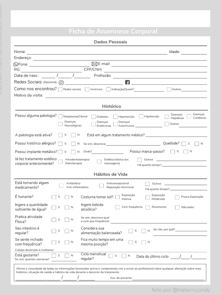 Modelo PDF Anamnese Corporal | PDF | Corpo humano | Câncer