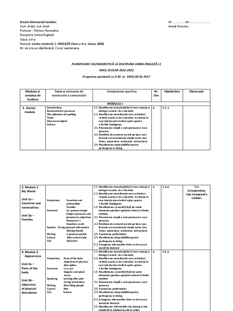 Planificare Clasa A V-A Engleza L1 Litera 2022-2023 | PDF