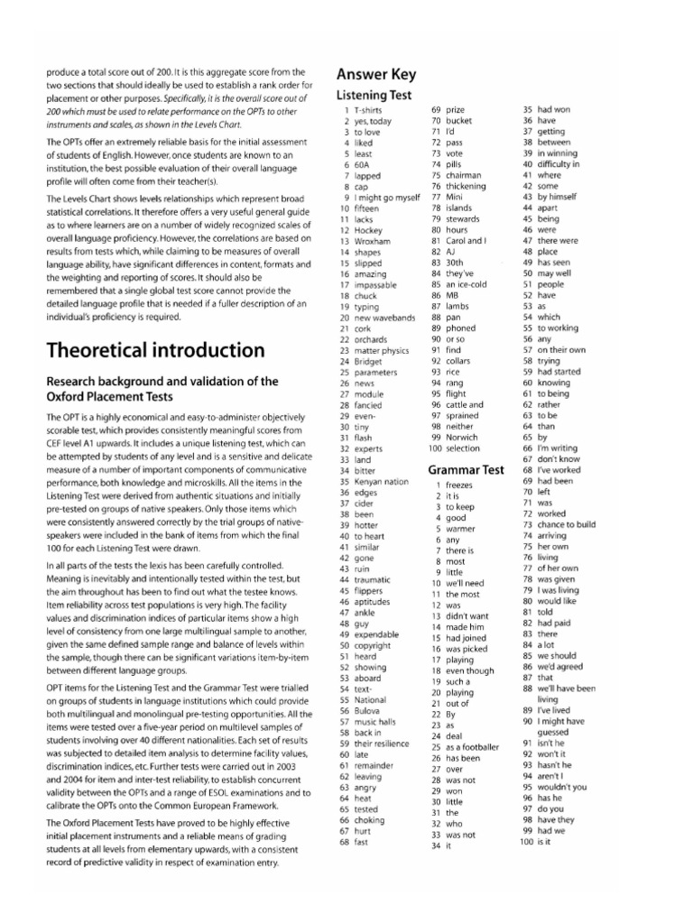 Oxford Placement Test 2 - Key | PDF