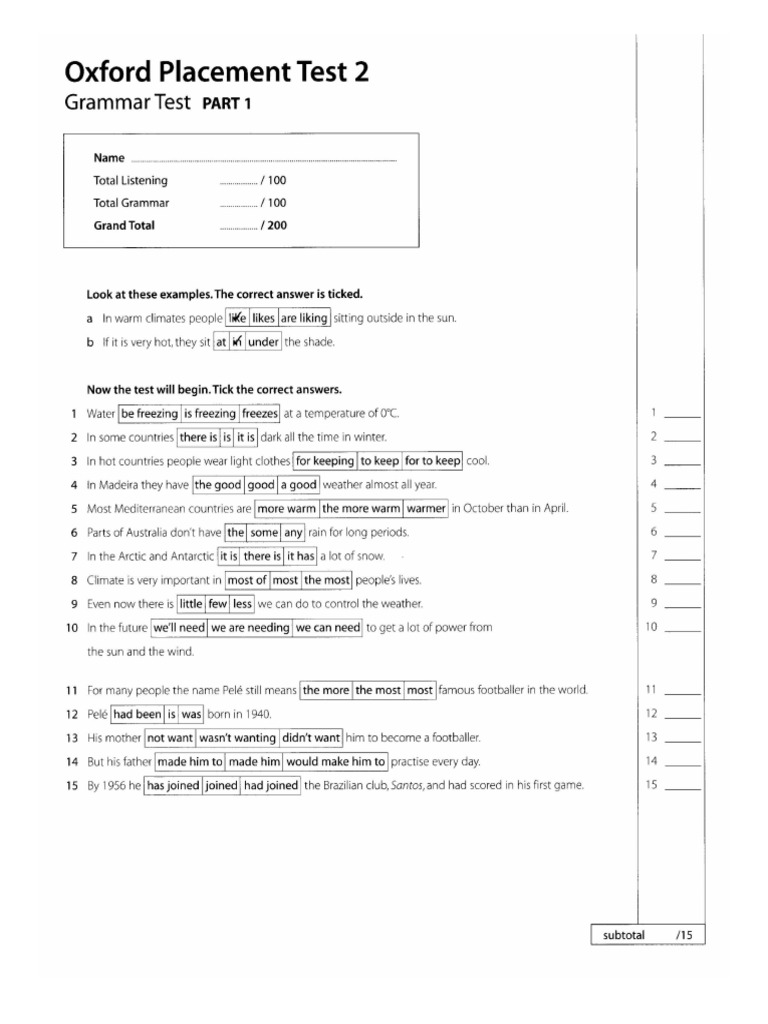 Oxford Placement Test 2 - Grammar | PDF