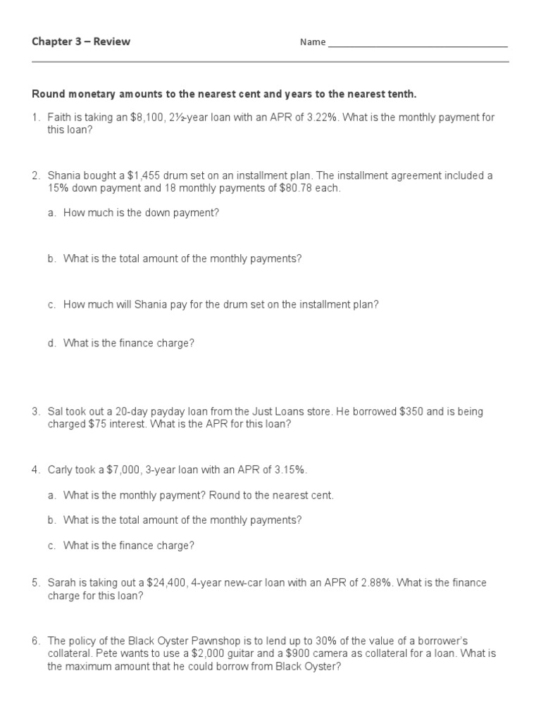 Reviewing Calculations for Loan Payments, Interest Rates, and Credit ...
