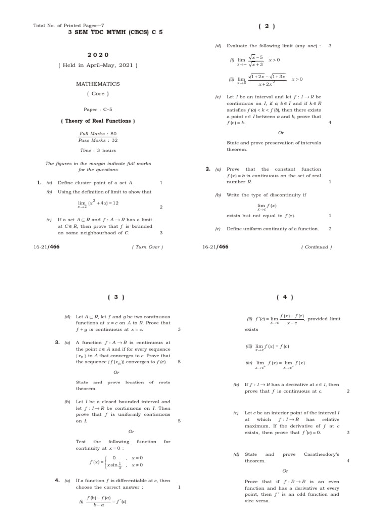 3 Sem TDC MTMH (CBCS) C 5 (2) : (D) X X, X | PDF | Continuous Function | Mathematical Relations
